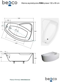 BESCO Asymetrická vana RIMA Nožičky k vaně - Bez nožiček, Rozměr vany - 130 × 85 cm, Způsob provedení - Pravé - VANRIM130P