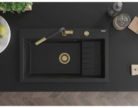 Mexen Omar, 1-komorový granitový dřez 800x480x210 mm, černá-stříbrná metalíza, zlatý sifon, 6520801005-73-G