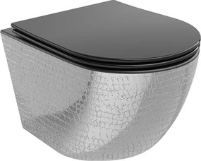 Mexen Lena WC mísa Rimless s pomalu klesající deskou slim, duroplast, černá matná/stříbrný vzor šupiny - 30224072