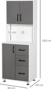 HOMCOM Kuchyňský bufet s více úložnými prostory 2 + 1 dvířka 3 zásuvky + Velký pracovní stůl Rozměry 60L x 40W x 160H cm Šedá Bílá