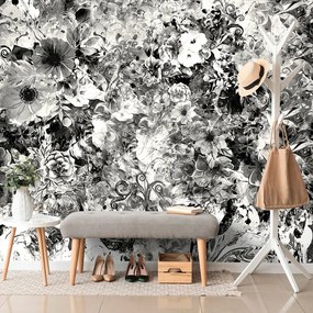 Samolepící tapeta květiny v černobílém provedení - 150x100 cm