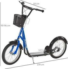 HOMCOM dětská koloběžka koloběžka s brzdou koš výškově nastavitelný pro 5-12 děti koloběžka kickboard hliníková slitina guma modrá + černá