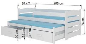 ADRK Rozkládací postel TIARRO, CH-Tia-PINEN+W-206+M-E436, 200x90 cm se zábradlím a matrací, borovice/bílá