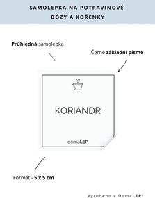 Samolepka na kořenky KORIANDR průhledná  5 × 5 cm základní písmo