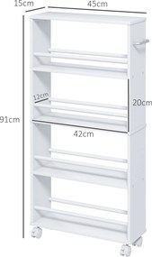 HOMCOM Vozík, úzký servírovací vozík se 4 policemi, úchyty, úložný vozík do kuchyně, obývacího pokoje, bílý, 45 x 15 x 91 cm | Aosom