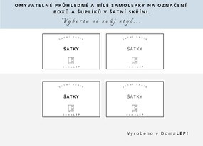 ŠÁTKY - Samolepka na šuplíky a boxy do šatní skříně, 8,5 x 5,5 cm - DomaLEP varianta: SAMOLEPKA, barva: BÍLÁ - ČERNÉ písmo, velikost: š. 8,5 cm x v. 5,5 cm - tučné písmo