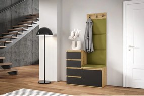 Eka Předsíňová stěna s čalouněnými panely Trinity 36 - Dub Artisan s černou / Khaki zelená 2327