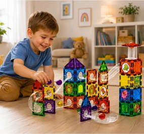 LEAN Toys Magnetické stavební kostky – dráha pro kuličky STEM s motivem dinosaurů, 92 dílů