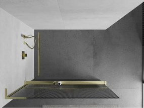Mexen Kioto+ L, sprchová zástěna Walk-In s poličkou a věšákem 120 x 200 cm, 8mm sklo s žebrovým vzorem, zlatý matný profil, 800-120-123-55-09