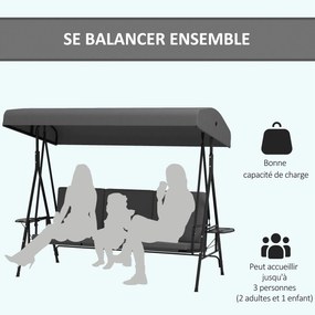Zahradní houpačka Outsunny pro 3 osoby se sklopnou sluneční stříškou, 2 skládacími pojízdnými stolečky, polstrováním, vyrobená z oceli a polyesteru, t