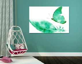 Obraz pírko s motýlem v zeleném provedení - 120x80 cm