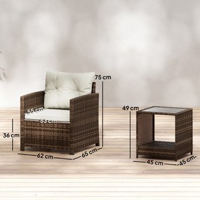 Outsunny 3dílný PE ratanový zahradní set — 2 křesla s polstrováním a konferenční stolek se skleněnou deskou, hnědá/krémová — balkon/terasa