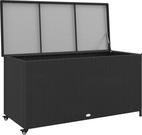 Úložná skříňka Outsunny z PE ratanu, venkovní úložná lavice s kolečky, pneumatickým pístem a bočním madlem, 121x57x67cm, černá | Aosom