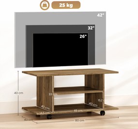 HOMCOM TV stolek s kolečky 80 cm, televizní nábytek pro televize až 107 cm s otevřenými policemi, černý