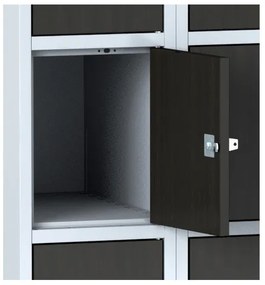 Alfa 3 Šatní skříňka na soklu s úložnými boxy, 15 boxů 300 mm, laminované dveře ořech, otočný zámek