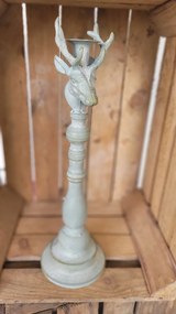 Šedý antik kovový svícen ArtFerro s jelenem - 13,5*13,5*43cm