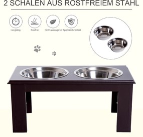 PawHut Vyvýšená miska pro psy s nerezovými miskami, miska na krmivo z MDF v barvě kávy, 58,4 x 30,5 x 25,4 cm, ideální pro domácí zvířata | Aosom.de