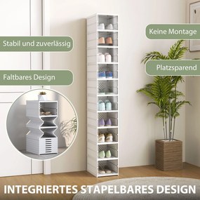 HOMCOM Sada 10 skládacích botníků, stohovatelné plastové úložné boxy na boty s víky, úložný prostor pro boty až do velikosti 43, bílá, 26x35x174cm