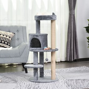 PawHut kočičí strom 4-patrová kočičí jeskyně s míčky na hraní a bidýlkem sisalový sloupek škrabadlo plyšové šedé 48x48x104cm pro kočky | Aosom.de