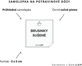BRUSINKY SUŠENÉ - omyvatelná samolepka na dózu, výběr rozměrů Ø 5 cm / 5 x 5 cm / 6 x 8 cm | DomaLEP tvar: ČTVEREC, barva: PRŮHLEDNÁ - ČERNÉ písmo, velikost: š. 5 cm x v. 5 cm - tučné písmo