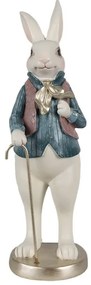 Figurka bílého králíčka v růžové vestičce, modré košilce a se zlatou hůlkou – 32 cm