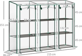 Outsunny Malý Skleník pro Exteriér se 3 Úrovněmi Polic, Sklopnými Zipovými Dveřmi a Ocelovým Rámem pro Pěstování Rostlin a Květin 215x46x151 cm Průhl…