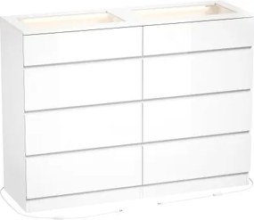 HOMCOM komoda se 8 zásuvkami a 2 přihrádkami na šperky, horní deska z tvrzeného skla, LED osvětlení a ovládání přes Bluetooth, bílá