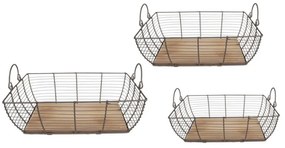 Set 3ks hnědý drátěný košík s dřevěným dnem a uchy Izaac – 35x25x11 / 31x21x9 / 27x17x6 cm