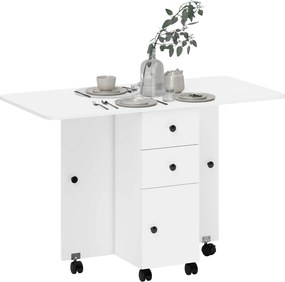 Skládací jídelní stůl HOMCOM s kolečky, skládacími křídlovými deskami, šuplíky a skříňkou pro 4-6 osob 120x60x76,5 cm Bílý | Aosom