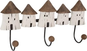 Nástěnný věšák se 3-mi háčky a dřevěnými domečky Rustic - 38*8*19 cm