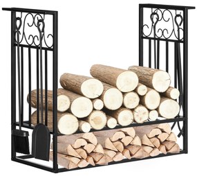 HOMCOM Stojan na palivové dřevo s krbovým nářadím 75 x 30 x 60 cm, černý ocelový stojan na palivové dřevo, skladování palivového dřeva a krbové nářad…