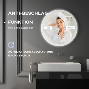 kleankin Osvětlené koupelnové zrcadlo Ø70 cm se 3 barvami světla, IP44, dotykový spínač, proti zamlžení pro moderní koupelny | Aosom.de