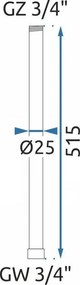 Prodloužení pro vanovou/sprchovou soupravu REA ø 25 mm - 50 cm, zlatá lesk