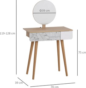 HOMCOM Toaletní stolek s kulatým zrcadlem Ф39cm, Toaletní stolek se zásuvkou s dekorací džungle, Bílý a dubový, 70x39x119-128cm