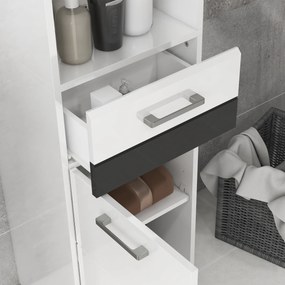 Kleankin sloupec pro úsporu místa do koupelny z MDF, koupelnová skříň s otevřenou policí, zásuvkou a uzavřenou skříňkou, 37x32,5x170 cm, leskle bílá