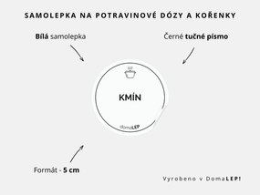 KMÍN - omyvatelná samolepka na kořenky, výběr rozměrů Ø 5 cm / 5 x 5 cm / 6 x 8 cm | DomaLEP tvar: KOLEČKO, barva: BÍLÁ - ČERNÉ písmo, velikost: Ø 5 cm - tučné písmo