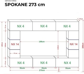 Ral Obývací stěna SPOKANE 4, 273 cm - Černý lesk