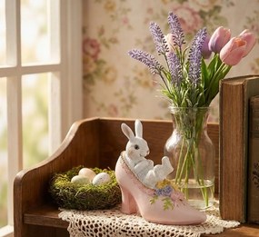 Dekorace bílý králík v růžovém střevíčku - 13*5*12 cm