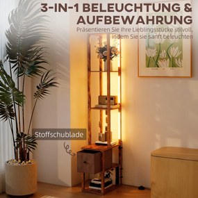 HOMCOM LED stojací lampa s policemi, nastavitelný jas, nožní spínač pro ložnici, rustikální hnědá