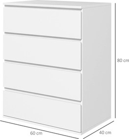 HOMCOM Úložná Komoda s 4 Zásuvkami Moderní Styl s Mechanismem Tichého Zavírání - 60 x 40 x 80 cm, Bílá | Aosom