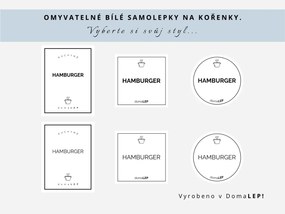 HAMBURGER - omyvatelná samolepka na kořenky, výběr rozměrů Ø 5 cm / 5 x 5 cm / 6 x 8 cm | DomaLEP tvar: KOLEČKO, barva: BÍLÁ - ČERNÉ písmo, velikost: Ø 5 cm - tučné písmo