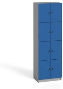 Dřevěná šatní skříňka s úložnými boxy, 8 boxů, 2x4, šedá / modré