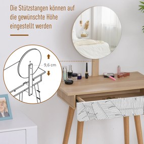 HOMCOM Toaletní stolek s kulatým zrcadlem Ф39cm, Toaletní stolek se zásuvkou s dekorací džungle, Bílý a dubový, 70x39x119-128cm