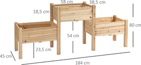 Vyvýšený záhon Outsunny se třemi dvoupatrovými kontejnery 184L x 45Š x 80V cm z předběžně ošetřeného jedlového dřeva pro zavlažování