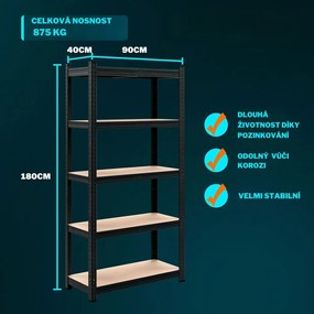 Regál s vysokou nosností HEAVY, max. 875kg, 90x40x180cm, černá Jurhan