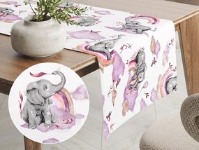 Biante Dětský bavlněný běhoun na stůl Sandra SA-464 Sloni s fialovou duhou na bílém 20x160 cm