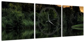 Obraz jezera u lesa (s hodinami) (90x30 cm)