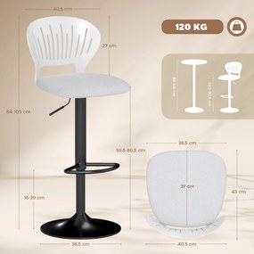 HOMCOM 2ks otočné barové stoličky — výškově nastavitelné sedáky 59,5–80,5 cm, prodyšné opěradlo, bílá
