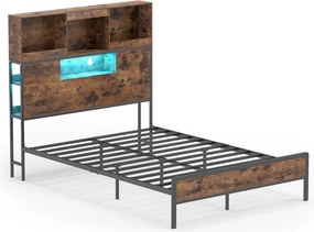 Costway Kovová postel 140 × 220 cm s LED a nabíjením, hnědá