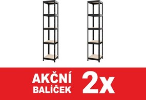Akce 2x Regál 180x75x40 cm lakovaný 5-policový, nosnost 875 kg - černý